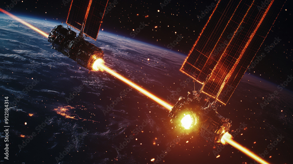 In space, two satellites fight using laser weapons. This shows the ...