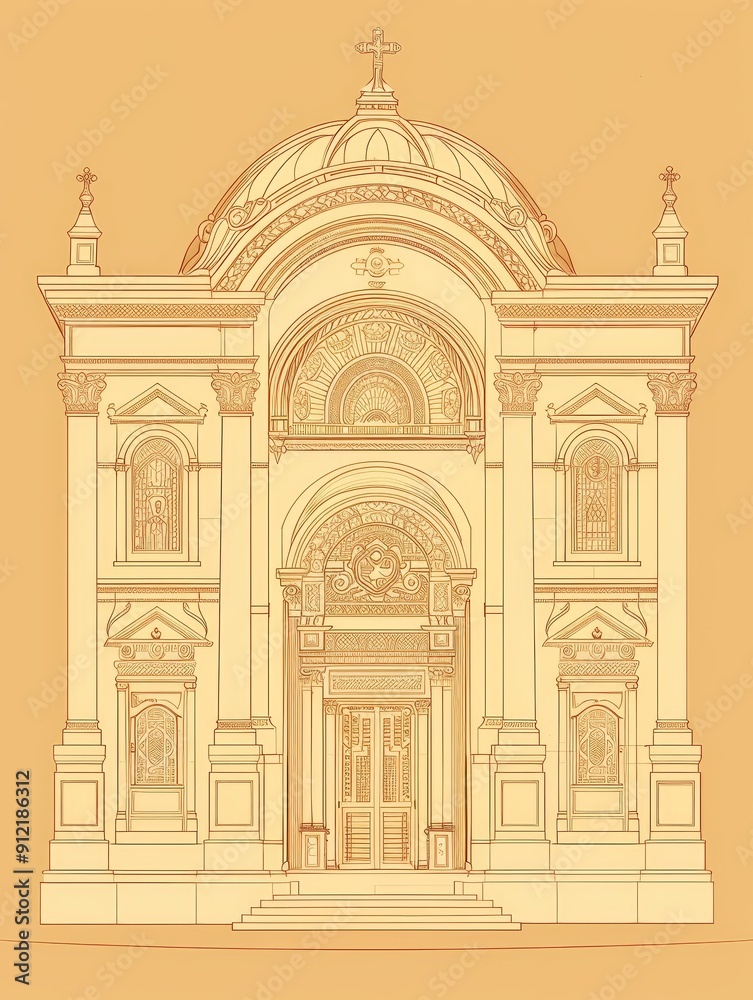 Architectural Line Drawing of a Church Facade - A detailed line drawing ...