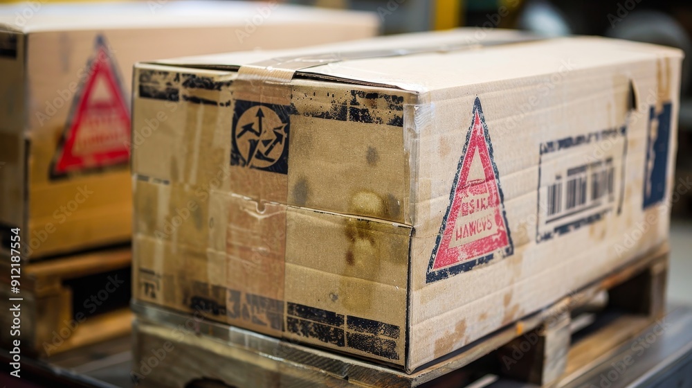 Cardboard Box with Warning Label on Pallet - A cardboard box with a ...