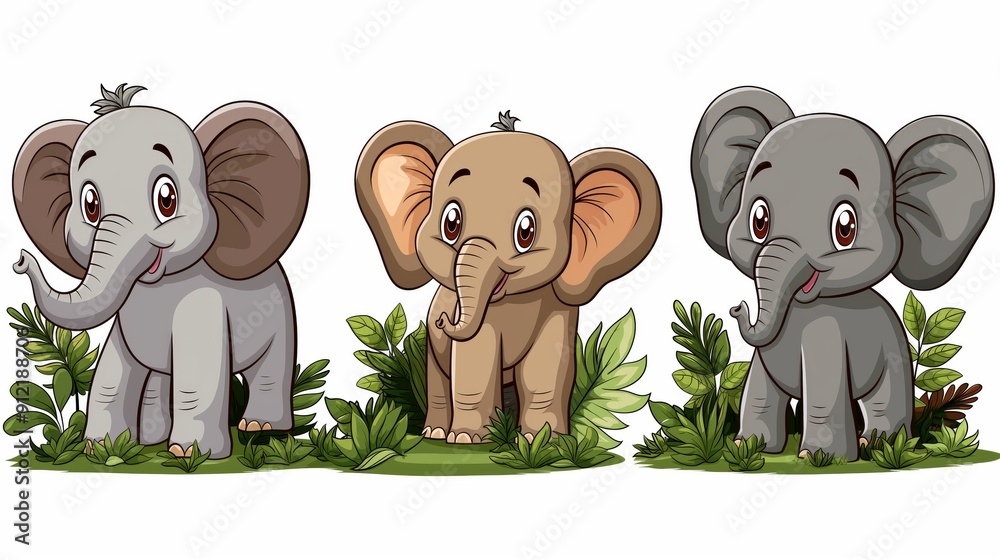 Three adorable cartoon elephants stand happily amongst lush greenery ...