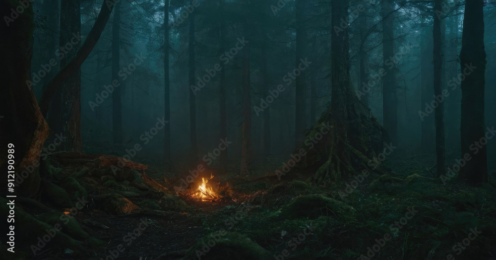 The image showcases a campfire burning in the midst of a dense, dark ...