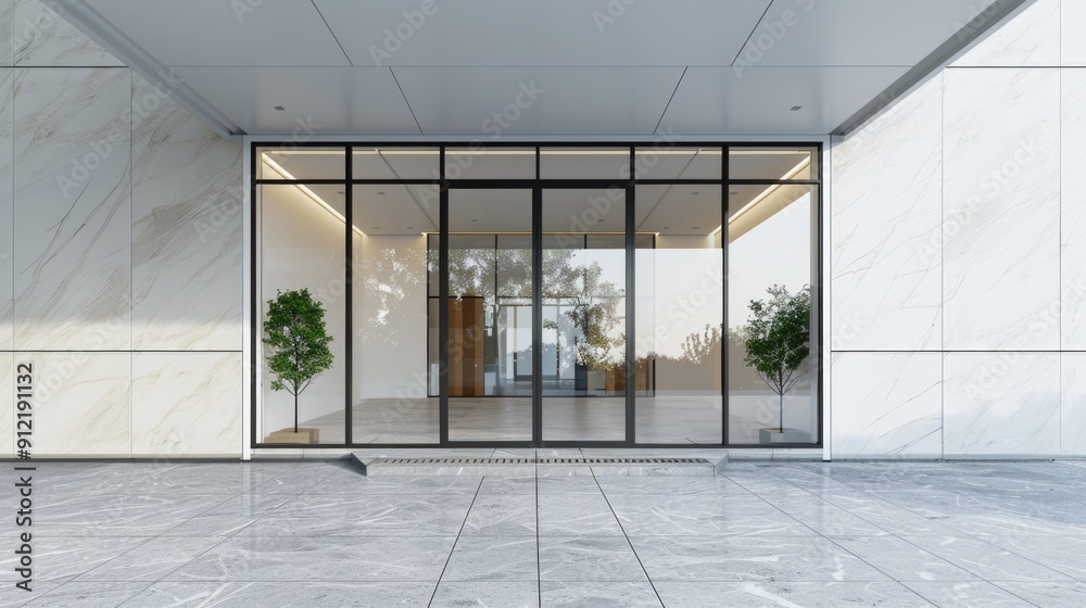 A contemporary corporate building entrance with clean lines and ...