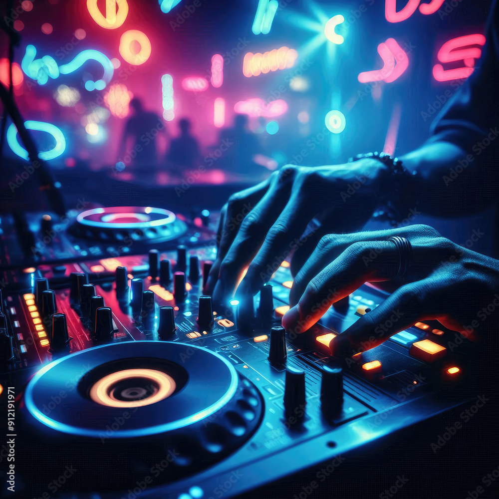 A close shot captures a DJ skillfully mixing music on an illuminated ...