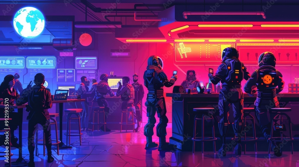 Futuristic sci fi retro styled convention scene with costumed figures ...