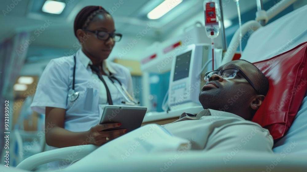 Male patient in hospital bed with nurse monitoring vital signs, medical equipment and hospital ...