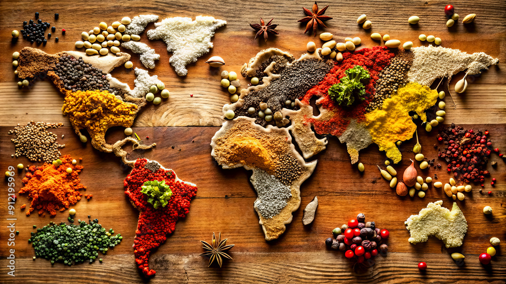 A vibrant representation of the world map made from spices, showcasing ...