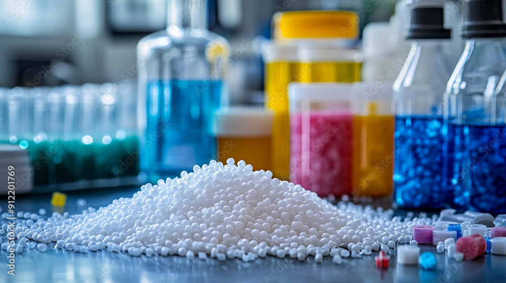 "Plastic raw material in granules against the background of a chemical ...