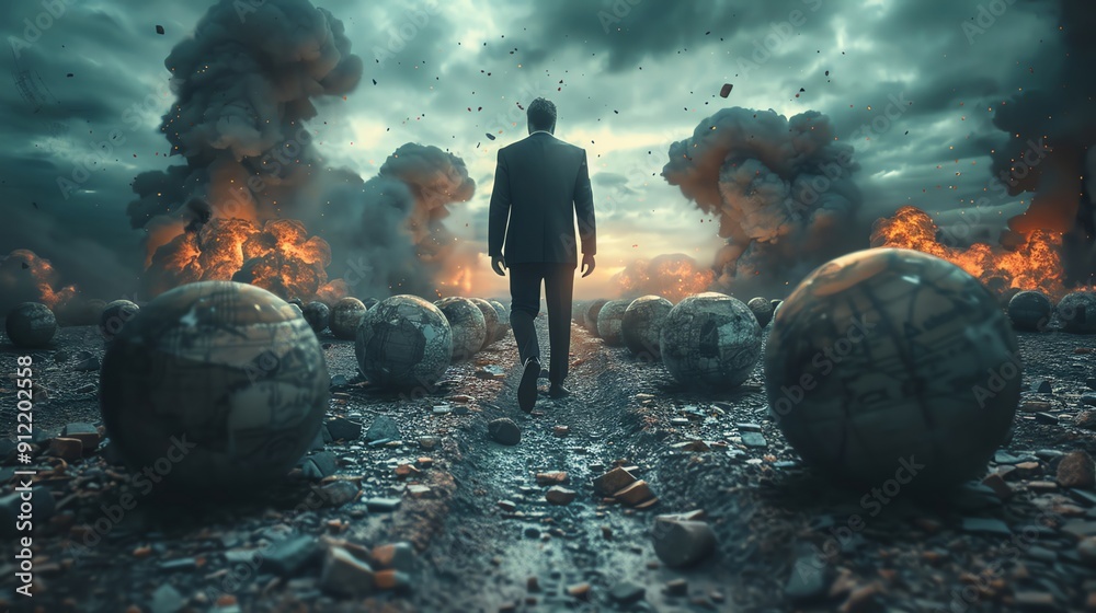 Businessperson walking into a field of landmines labeled economic risks ...