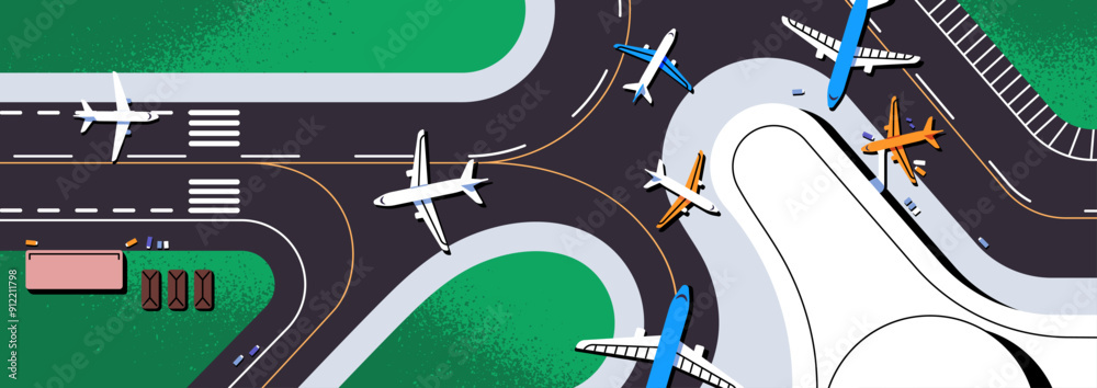 Airport runway with aircrafts top view. Aviation banner. Overhead of ...