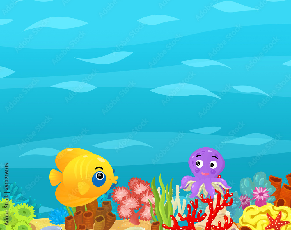 Cartoon ocean and sea coral reef animals of underwater kingdom swimming ...