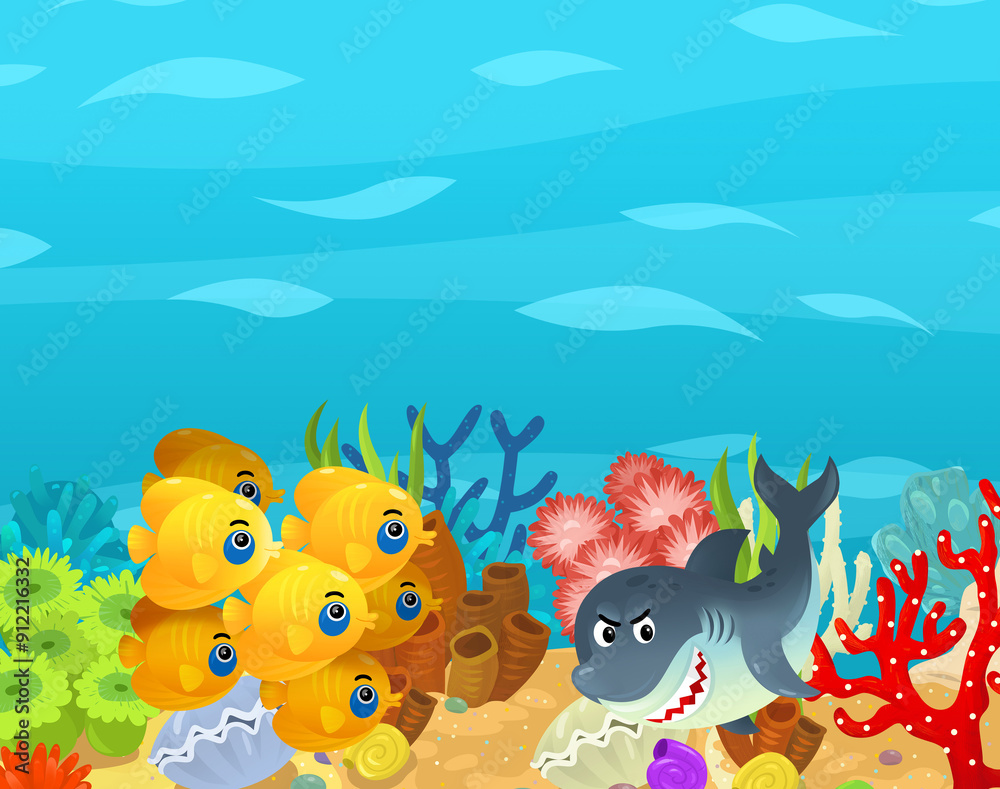 Cartoon ocean and sea coral reef animals of underwater kingdom swimming ...