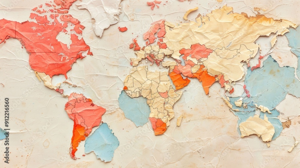 Vintage collage of cut out world map with historical cartography ...