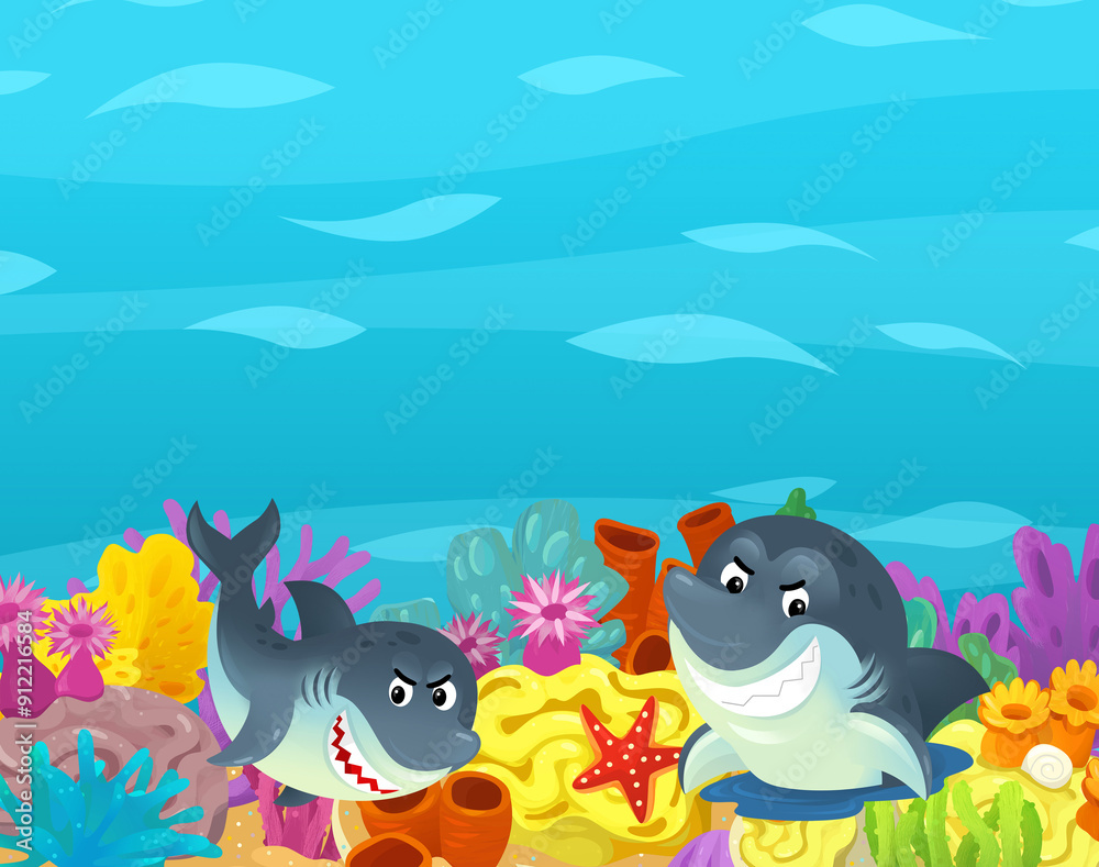 Cartoon ocean and sea coral reef animals of underwater kingdom swimming ...