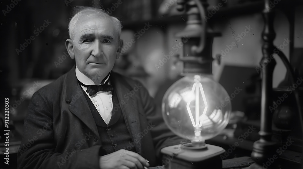 Thomas Edison the renowned inventor, with a light bulb in the ...