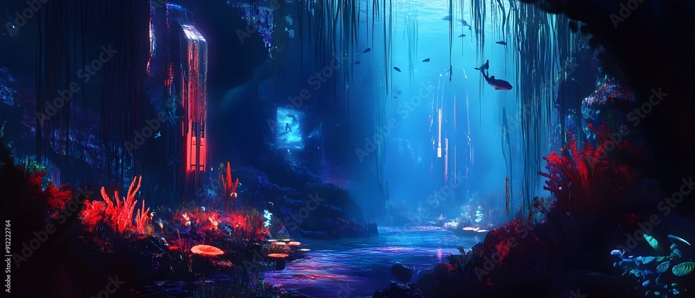 Mysterious seapunk underwater civilization filled with glowing kelp ...