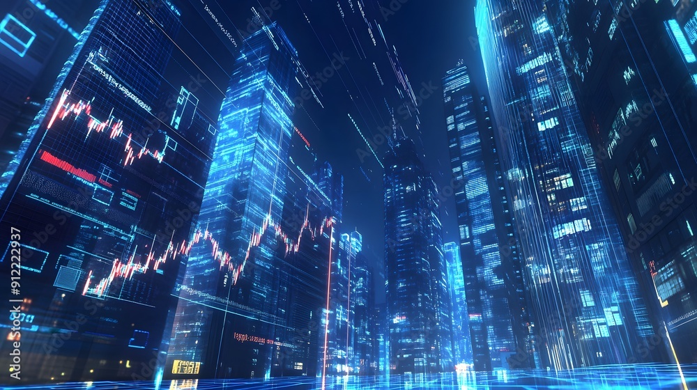 3. **Render a high-tech cityscape with illuminated skyscrapers, where ...