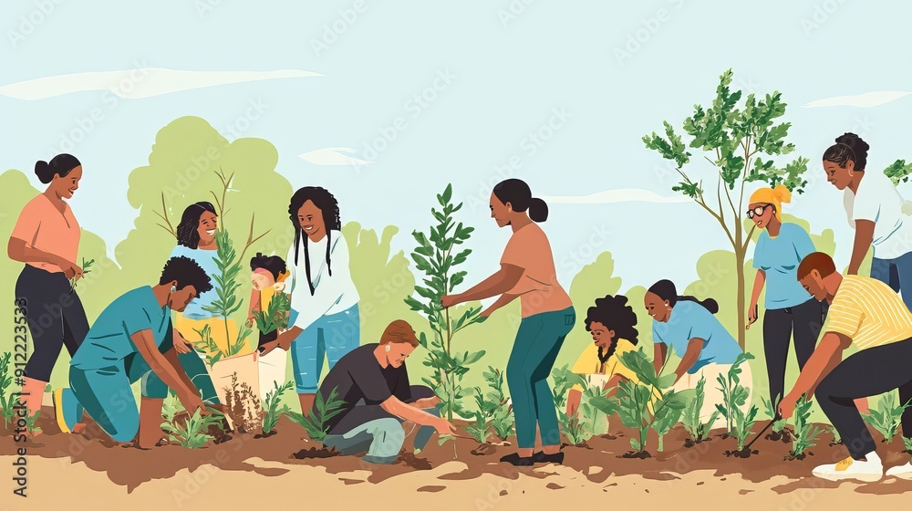 An illustration of diverse group of people planting trees in a ...