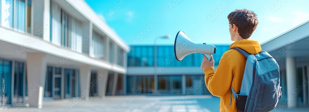 Student holding megaphone outdoors for school announcement in front of ...