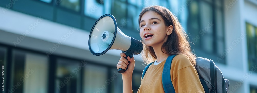Student holding megaphone outdoors for school announcement in front of ...