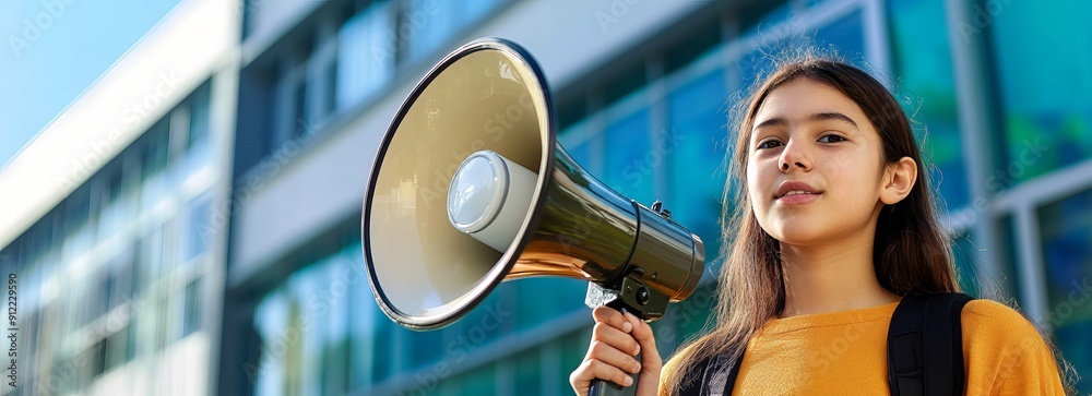 Student holding megaphone outdoors for school announcement in front of ...
