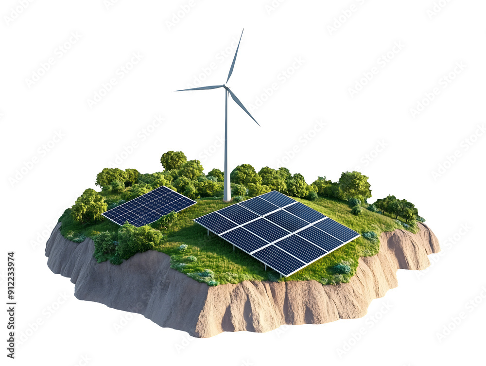 Remote renewable energy setup with solar panels and wind turbine ...