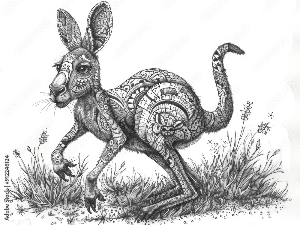 This whimsical doodle art depicts a playful bouncing kangaroo ...