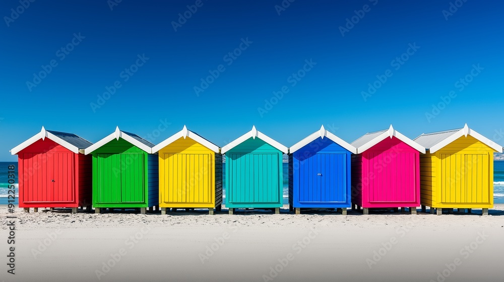 A row of colorful beach houses are lined up on the beach. The houses ...