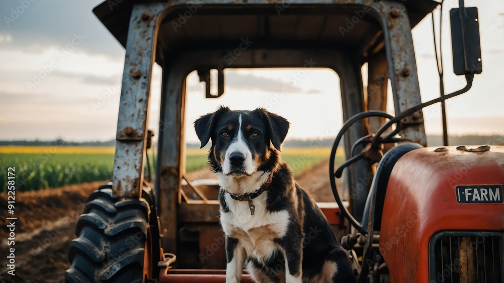 farm dog sitting on tractor background farm concept backdrop Stock ...