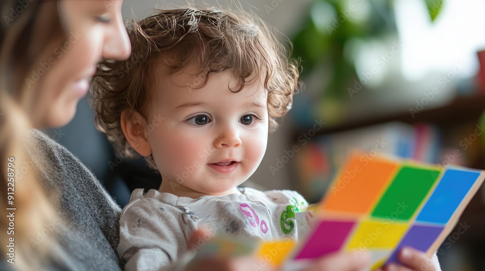 Toddler learning colors with a parent using flashcards, highlighting ...