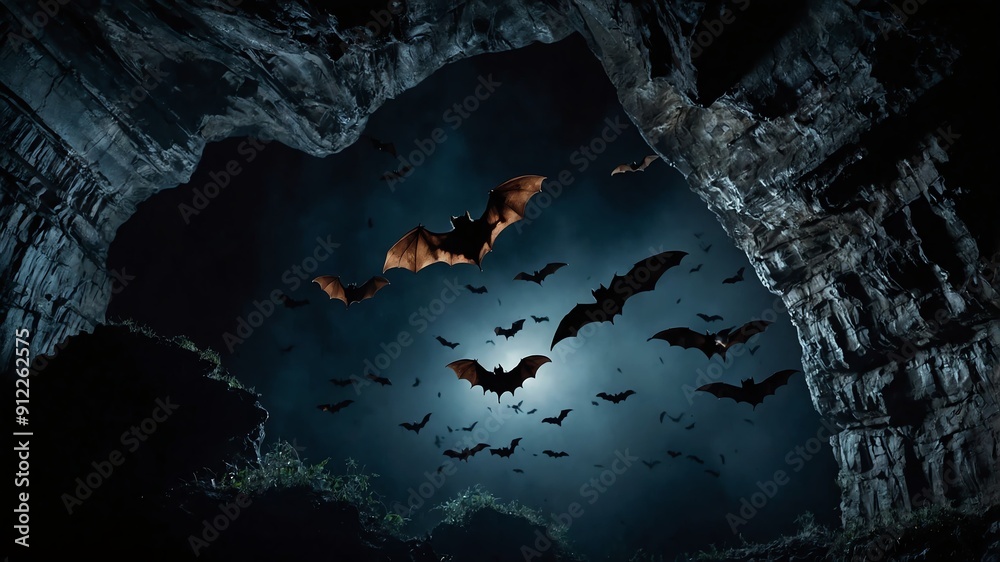bats flying through a dark deep cave background backdrop Stock Photo ...