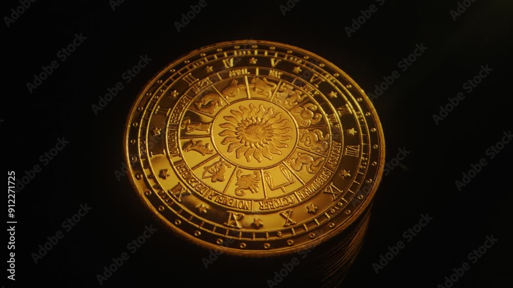 Astrological houses wheel Gold plate rotate in black background the ...