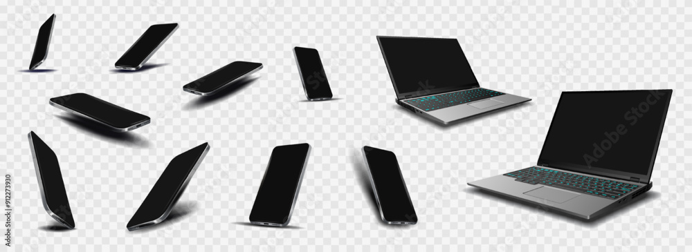 Collection stylish smartphones with laptop. Realistic set electronics ...
