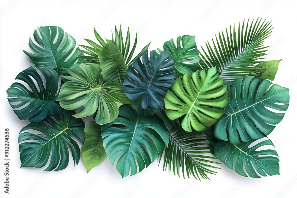 lush tropical leaves arrangement varied textures and shades of green ...