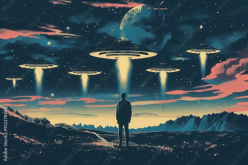 retrostyle illustration of man gazing at ufo invasion dramatic night ...