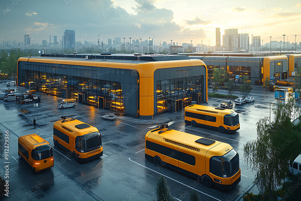 An aerial view of a high-tech delivery hub with various delivery ...