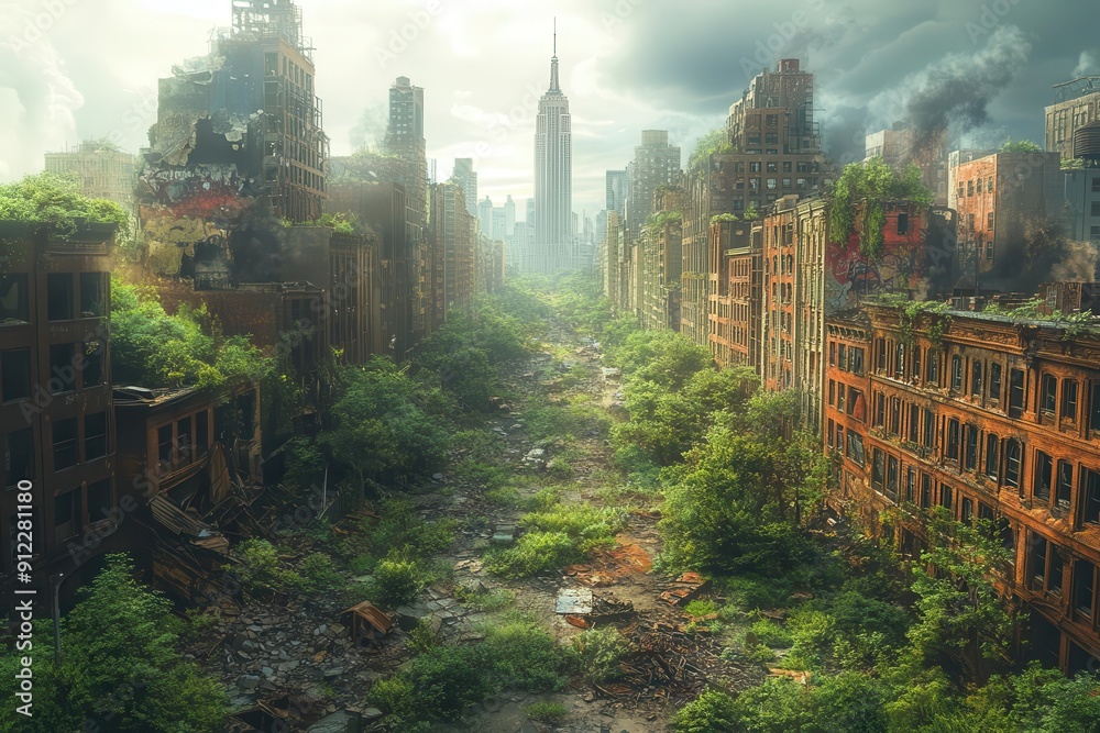 postapocalyptic cityscape with crumbling skyscrapers and desolate ...