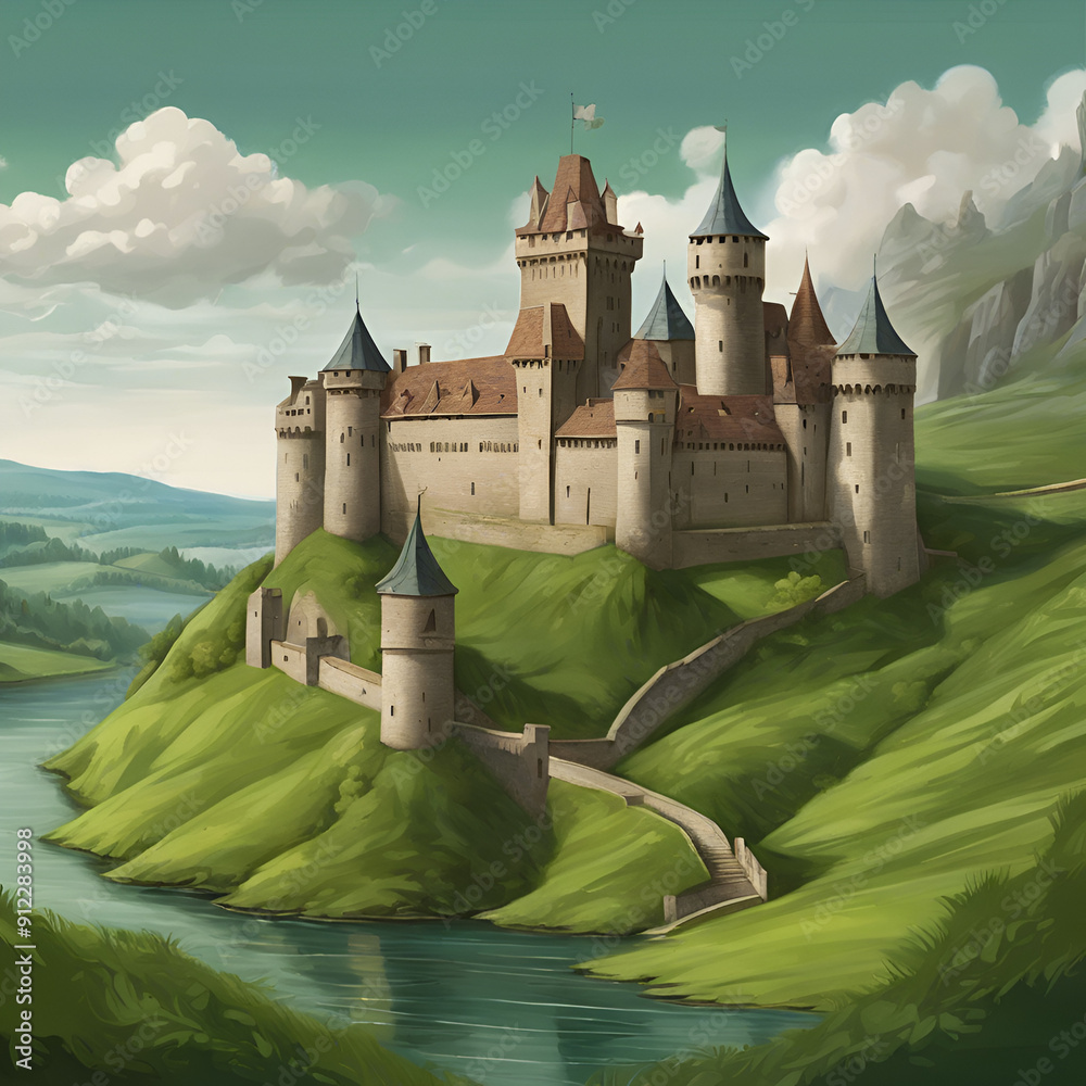 Medieval Castle on a Cliff: Surrounded by Moat and Rolling Green Hills ...