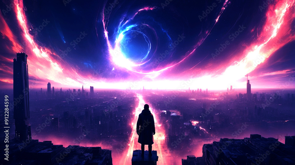 Cosmic vortex over a large city. A gritty, high-contrast cinematic ...