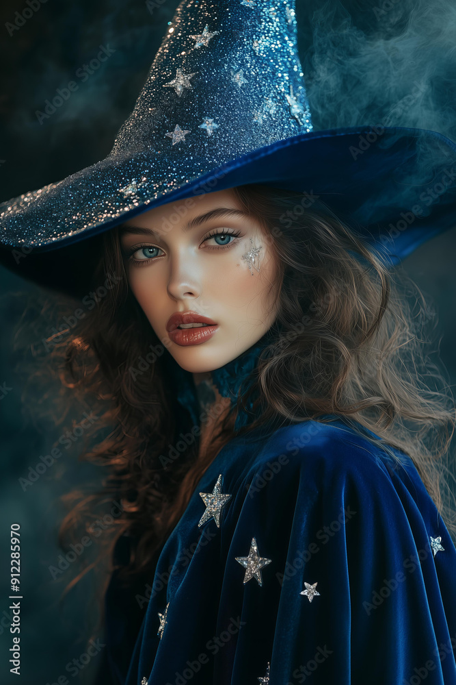 fantasy brunette blue eyed model wearing a blue velvet cloak with ...