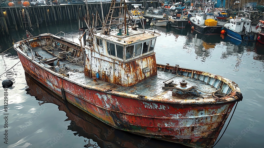 A realistic photo of an old fishing trawler with weathered paint ...