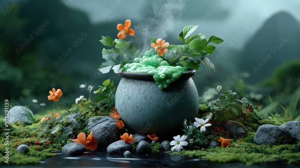 Whimsical illustration of cauldron overflowing with potion, creating ...