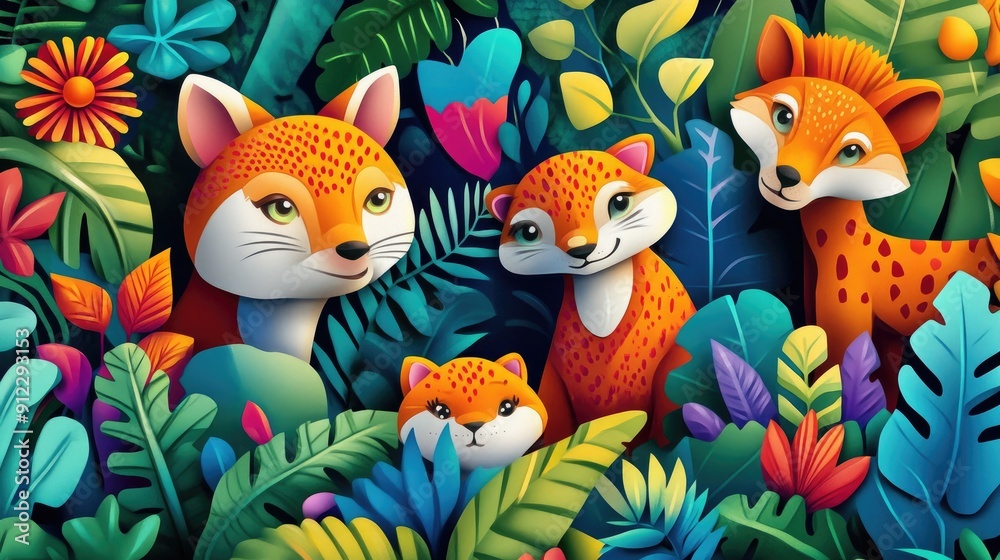 Lively and bright digital illustration of cartoon wild animals in a ...