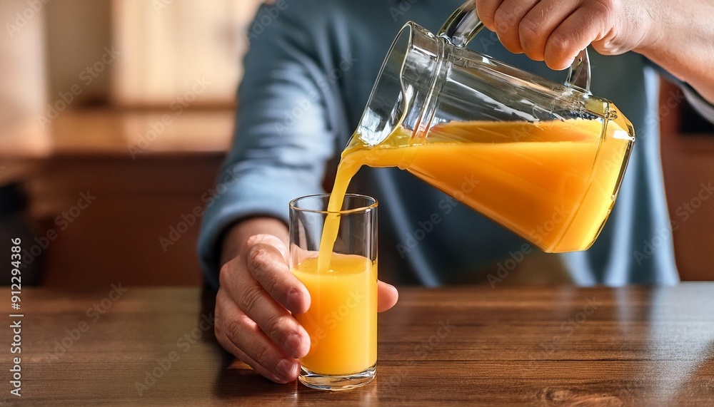 Hombre echando zumo de naranja en un vaso de cristal para desayunar ...