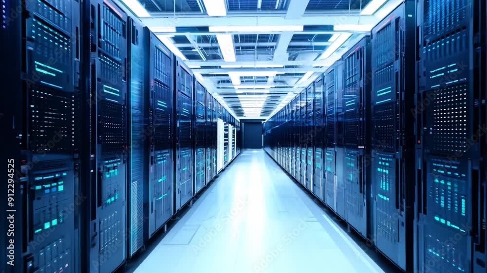 Rows of high-performance servers are organized neatly in a modern data center, illuminated by ...