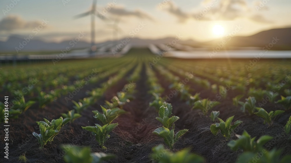 Eco-friendly farming practices shown with solar panels and wind ...