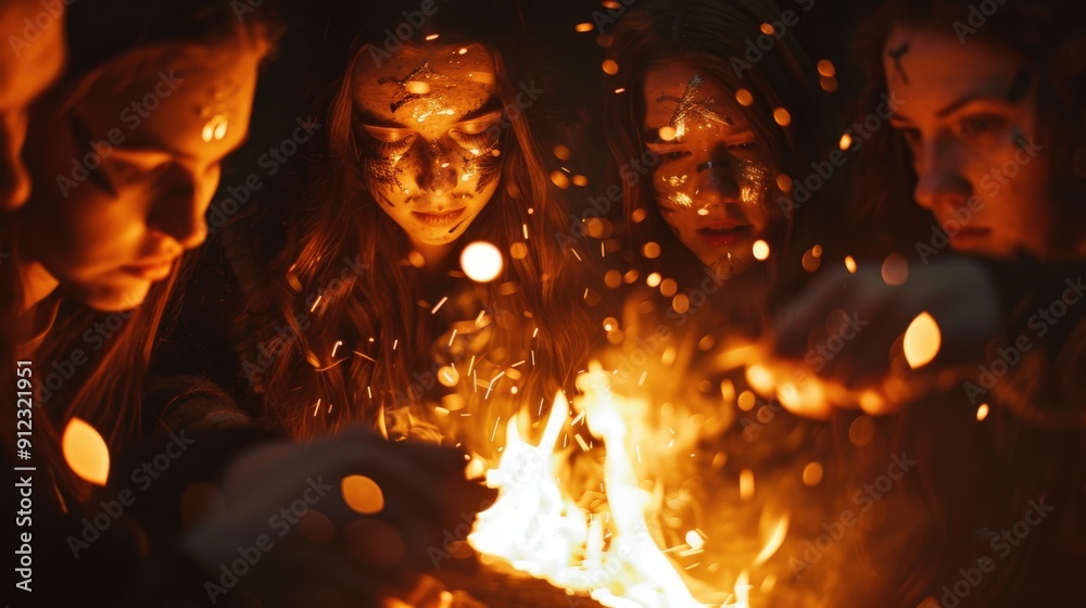 A coven gathers around a roaring fire, engaging in a mystical ritual ...