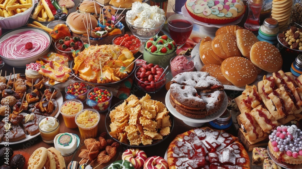 A bustling table displays an array of high-calorie fried foods ...