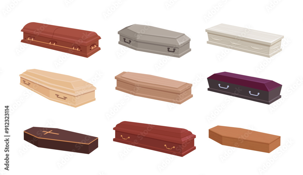 wooden coffins set. cartoon creepy Halloween funeral mummy tombstones ...