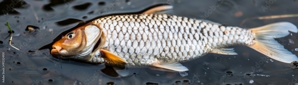 close-up of a dead fish in muddy water - environmental pollution and ...