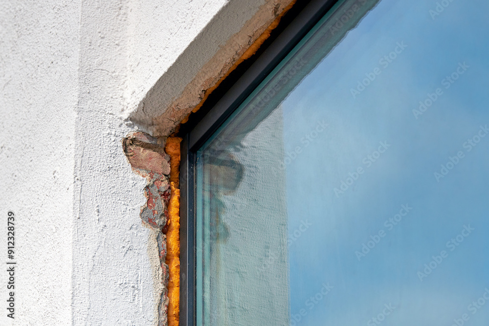 Foam insulation around the side jamb during window installation close ...